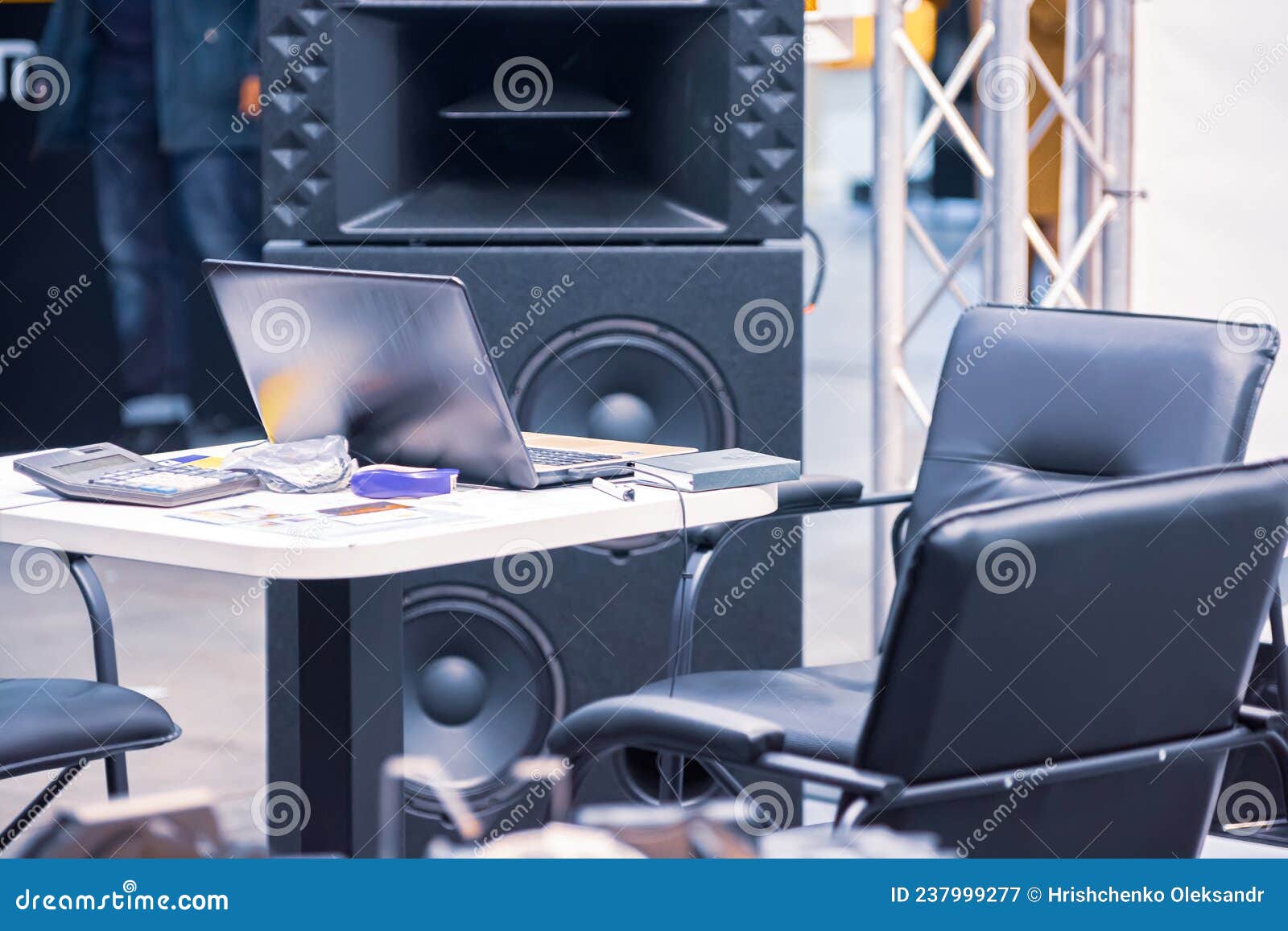 Open Laptop Screen Behind Desktops in Office Stock Image - Image of ...