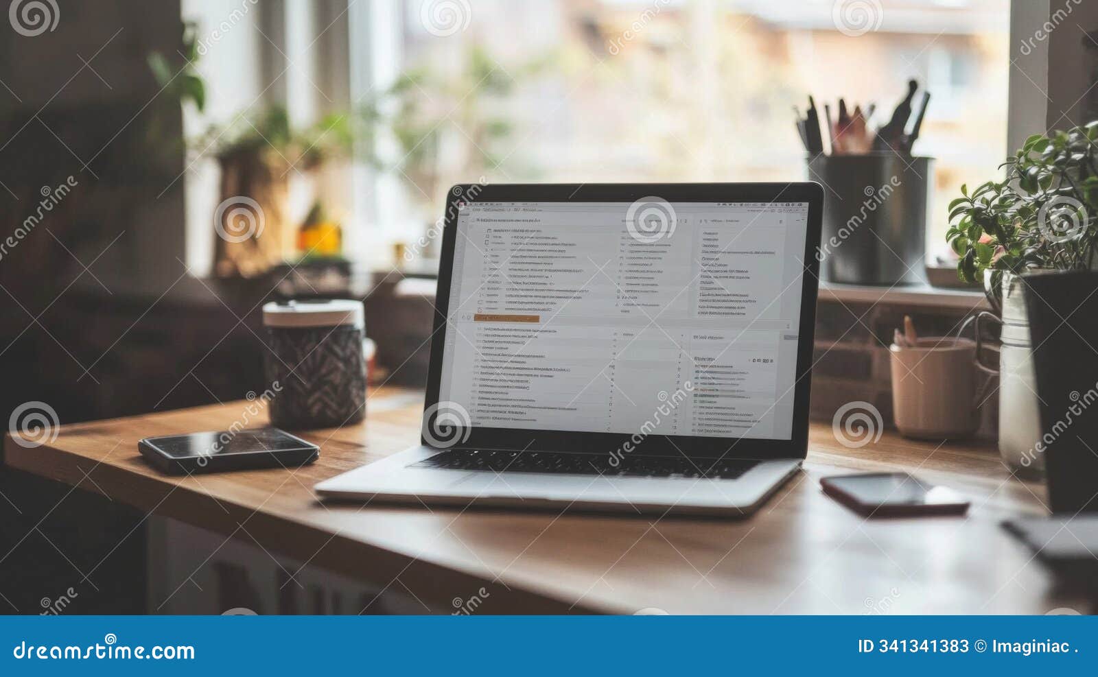 Open Laptop with Spreadsheet on Wooden Desk Stock Illustration ...