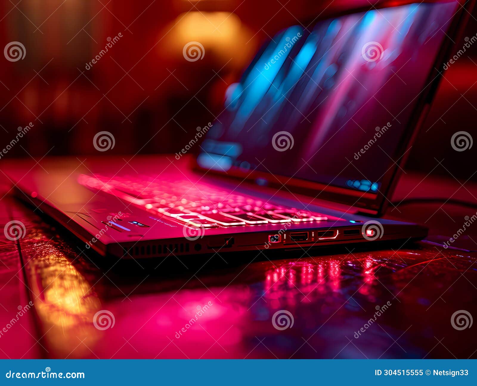 An Open Laptop on the Upper Wall, a Laptop with Red Lights Stock ...