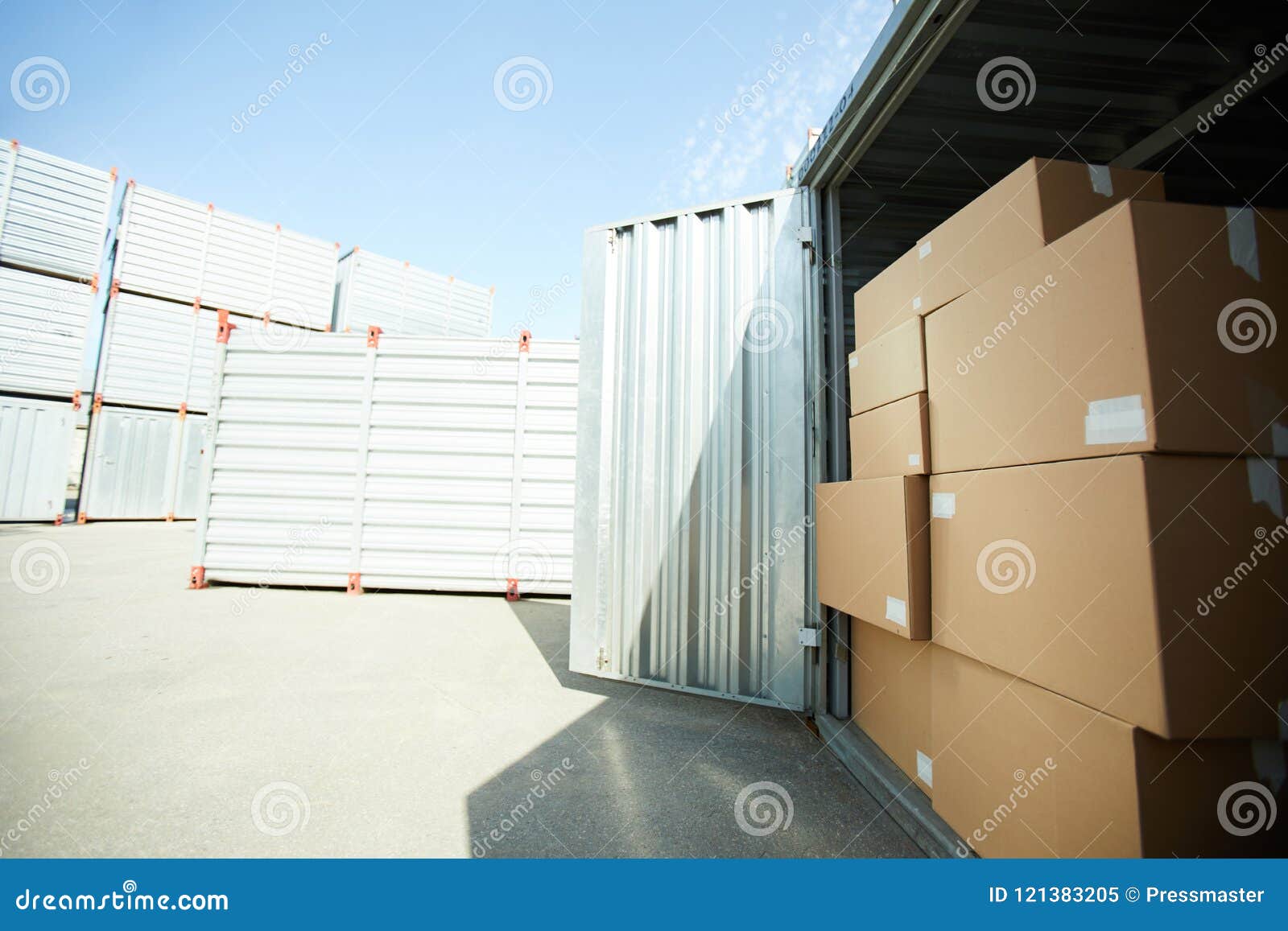 Open Large Container with Stack of Boxes Stock Image - Image of ...