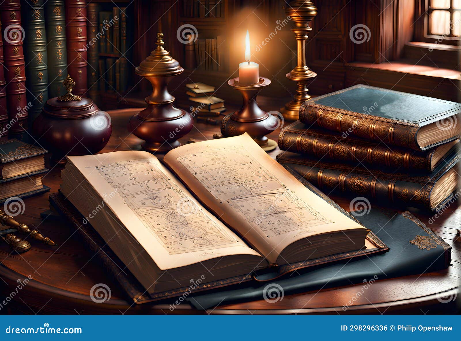 Open Leather Bound Book on a Table Illuminated by Candlelight in an Old ...