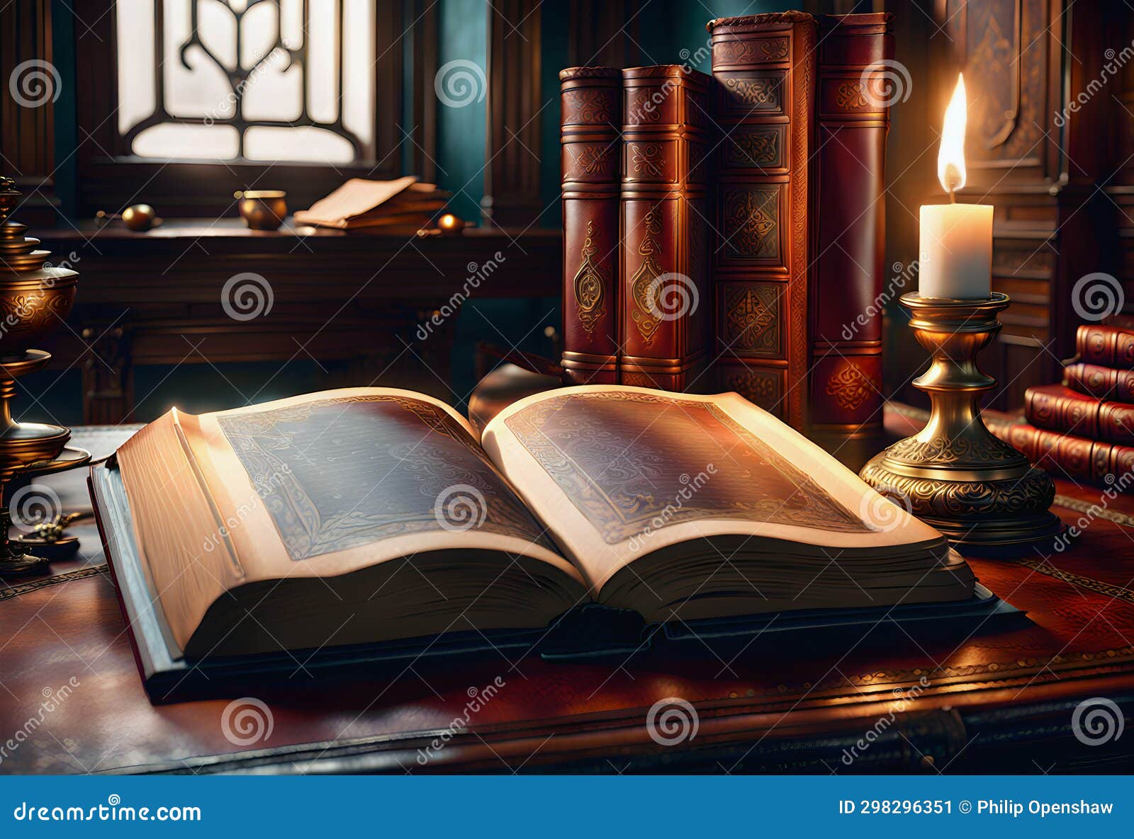 Open Leather Bound Book on a Table Illuminated by Candlelight in an Old ...