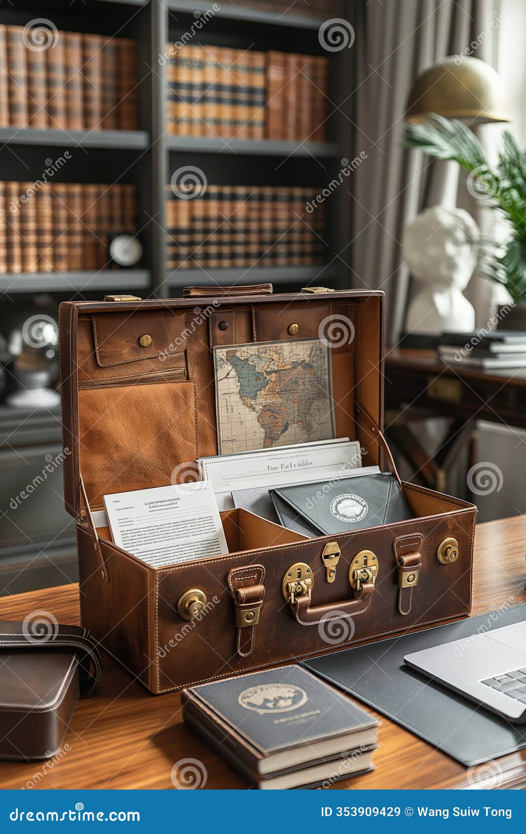 Leather Briefcase Open on Desk with Documents and Map Inside Stock ...