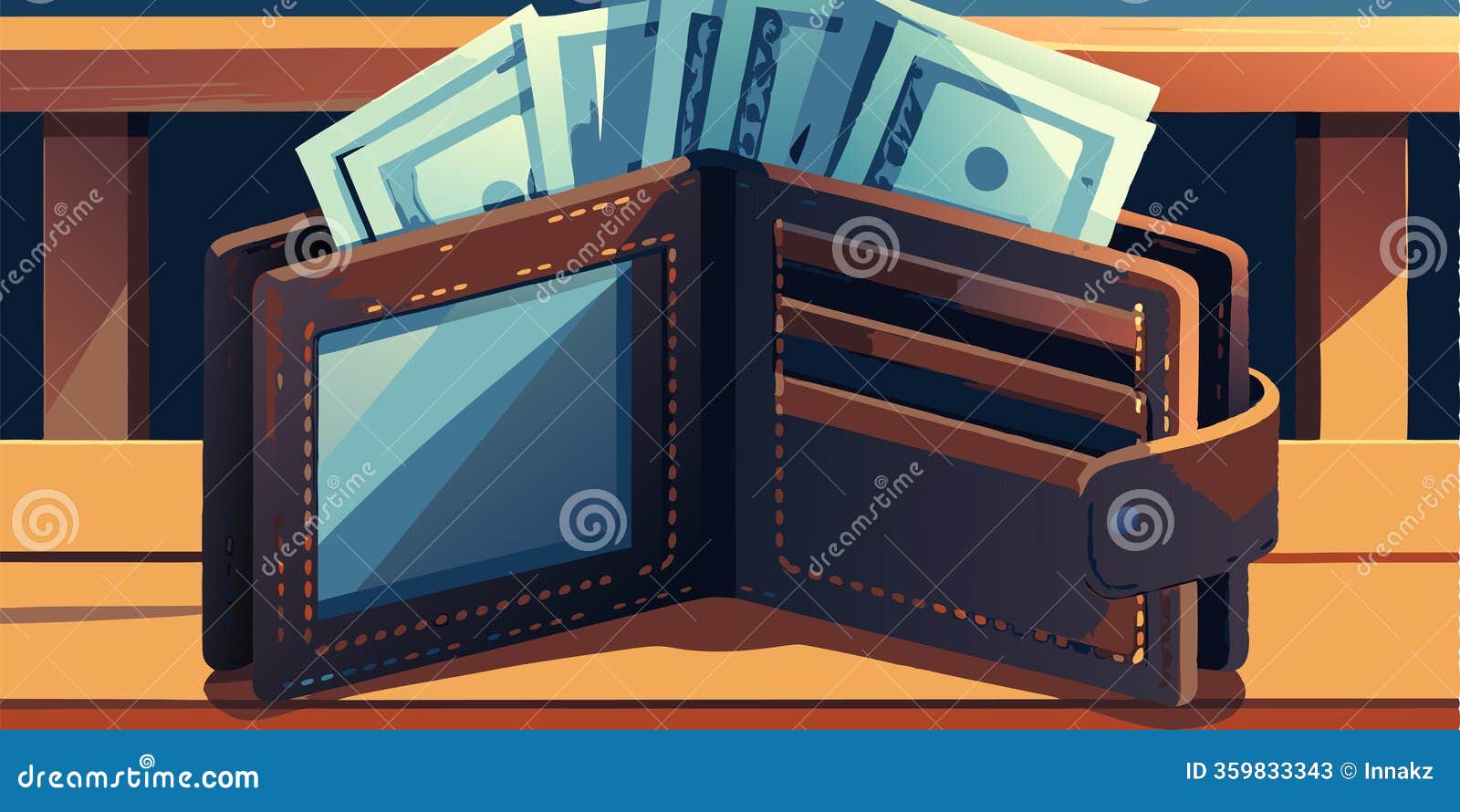 Open Leather Wallet with Dollars. Cartoon Style Stock Illustration ...