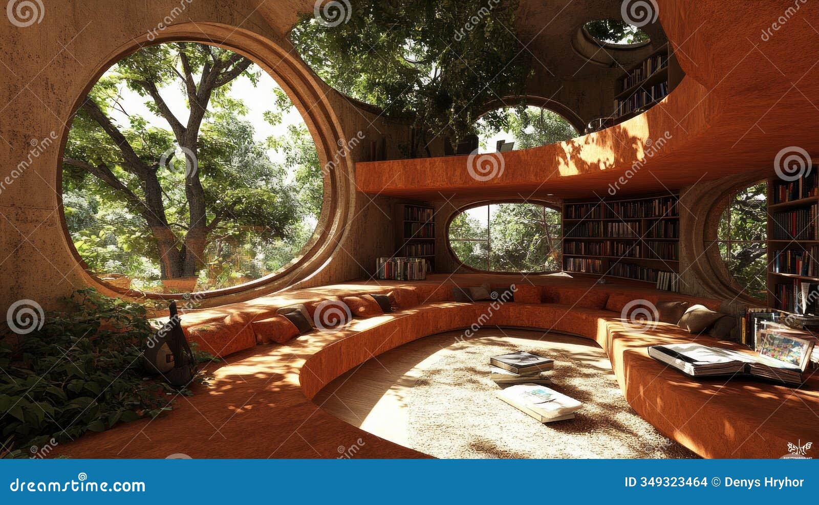 Open Library Space Designed with Circular Windows, Filled with Natural ...