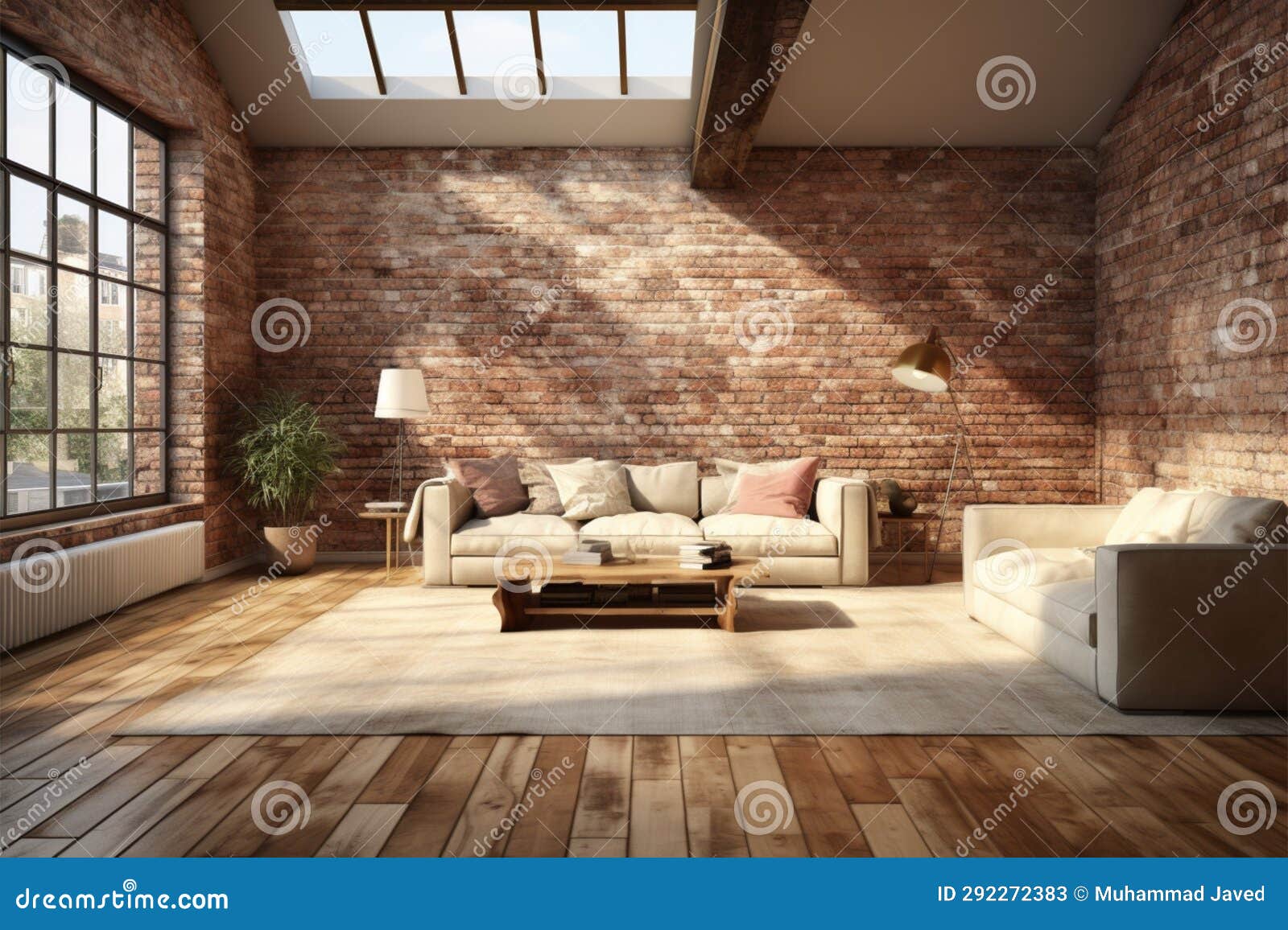 An Open Loft Area Featuring Large Windows, Modern Interior, Brick Walls ...