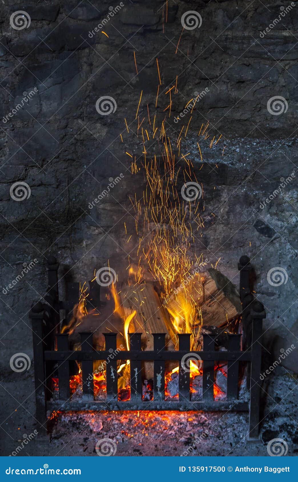 Open log fireplace stock photo. Image of firewood, coal - 135917500