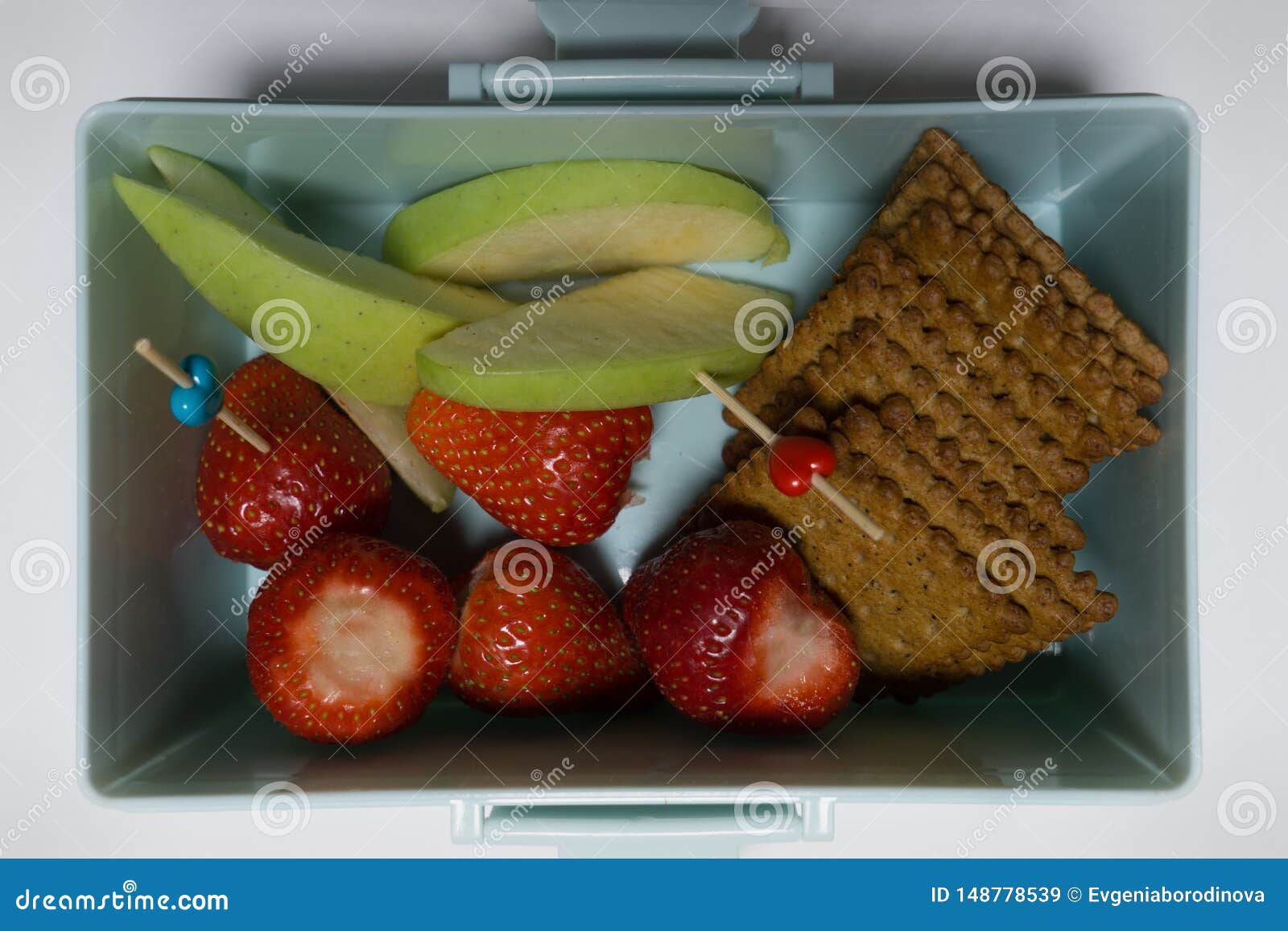Open Lunch Box with Banana Berries and Crackers Stock Image - Image of ...