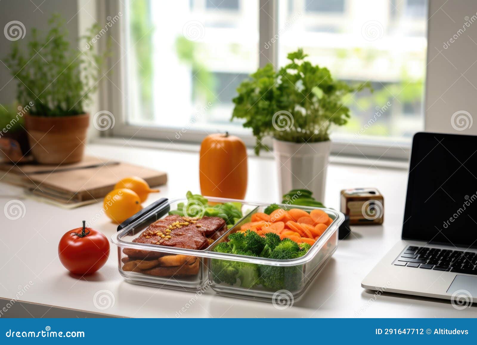 Open Lunchbox Revealing a Healthy Meal, Placed beside a Notebook on a ...