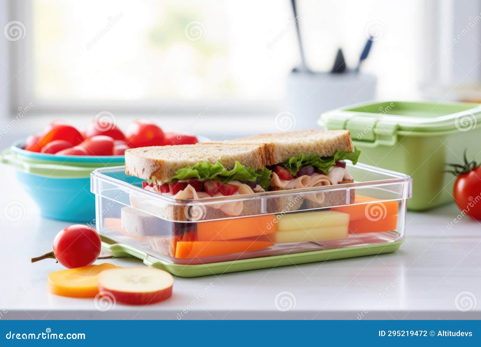 An Open Lunchbox with Sandwich and Fruits Stock Photo - Image of diet ...