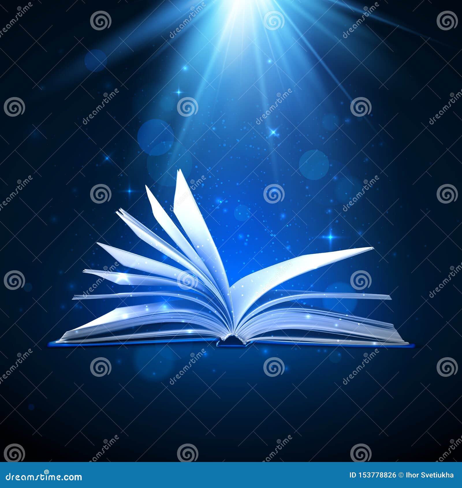 Open Magic Book On Blue Background. Fantasy Light And Sparkles. Vector ...