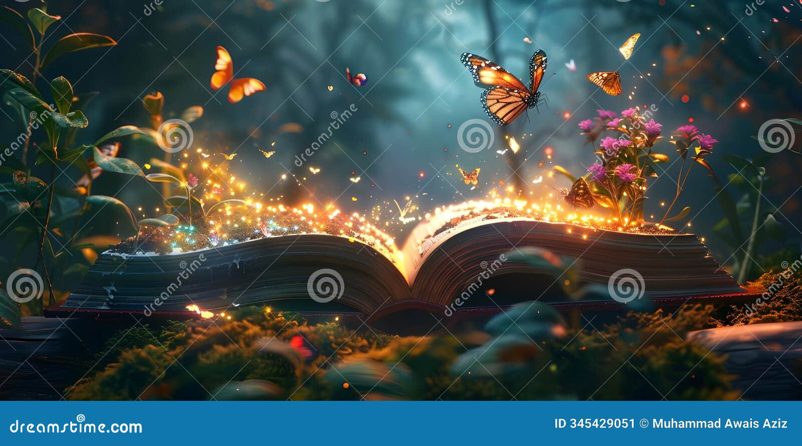 Open Magic Book with Growing Lights, Magic Powder and Butterflies ...
