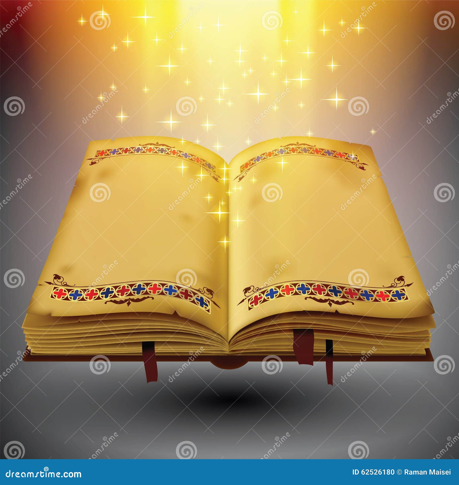 Open Magic Book On Blue Background. Fantasy Light And Sparkles. Vector ...