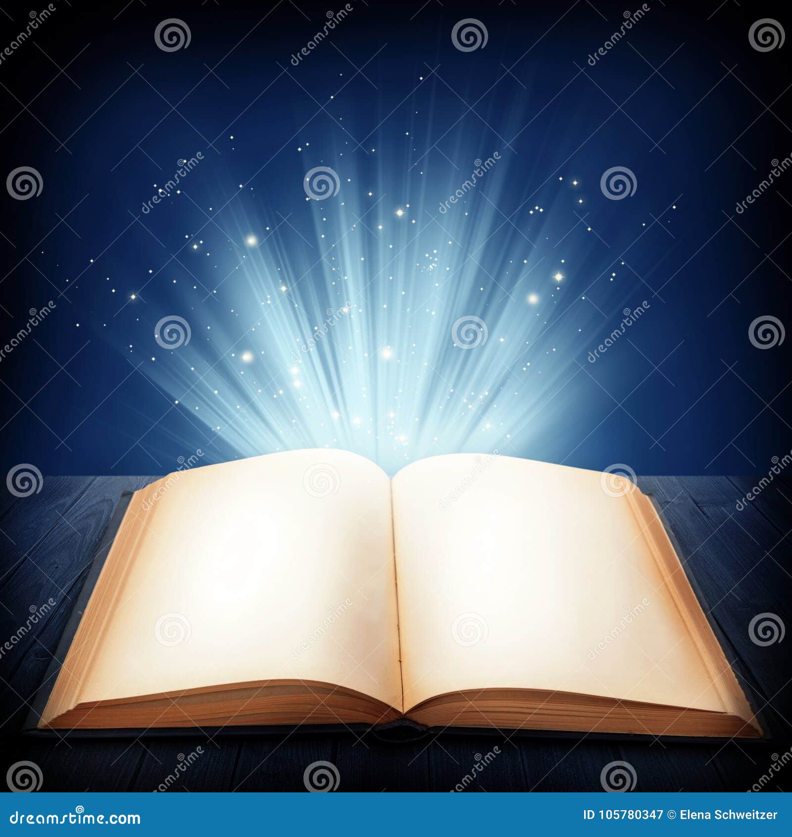 Open Magic Book On Blue Background. Fantasy Light And Sparkles. Vector ...