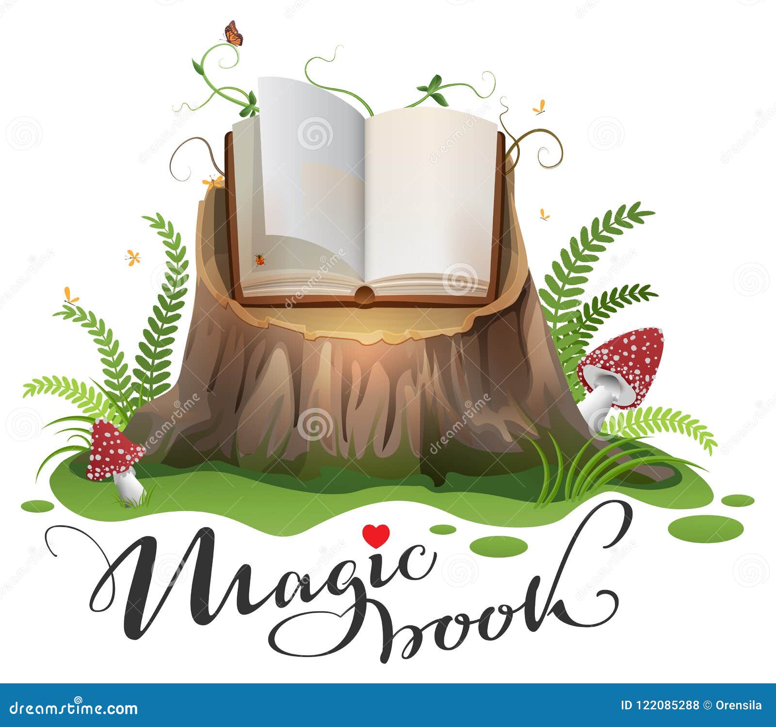 Open Magic Book on Stump Vector Cartoon Stock Vector - Illustration of ...