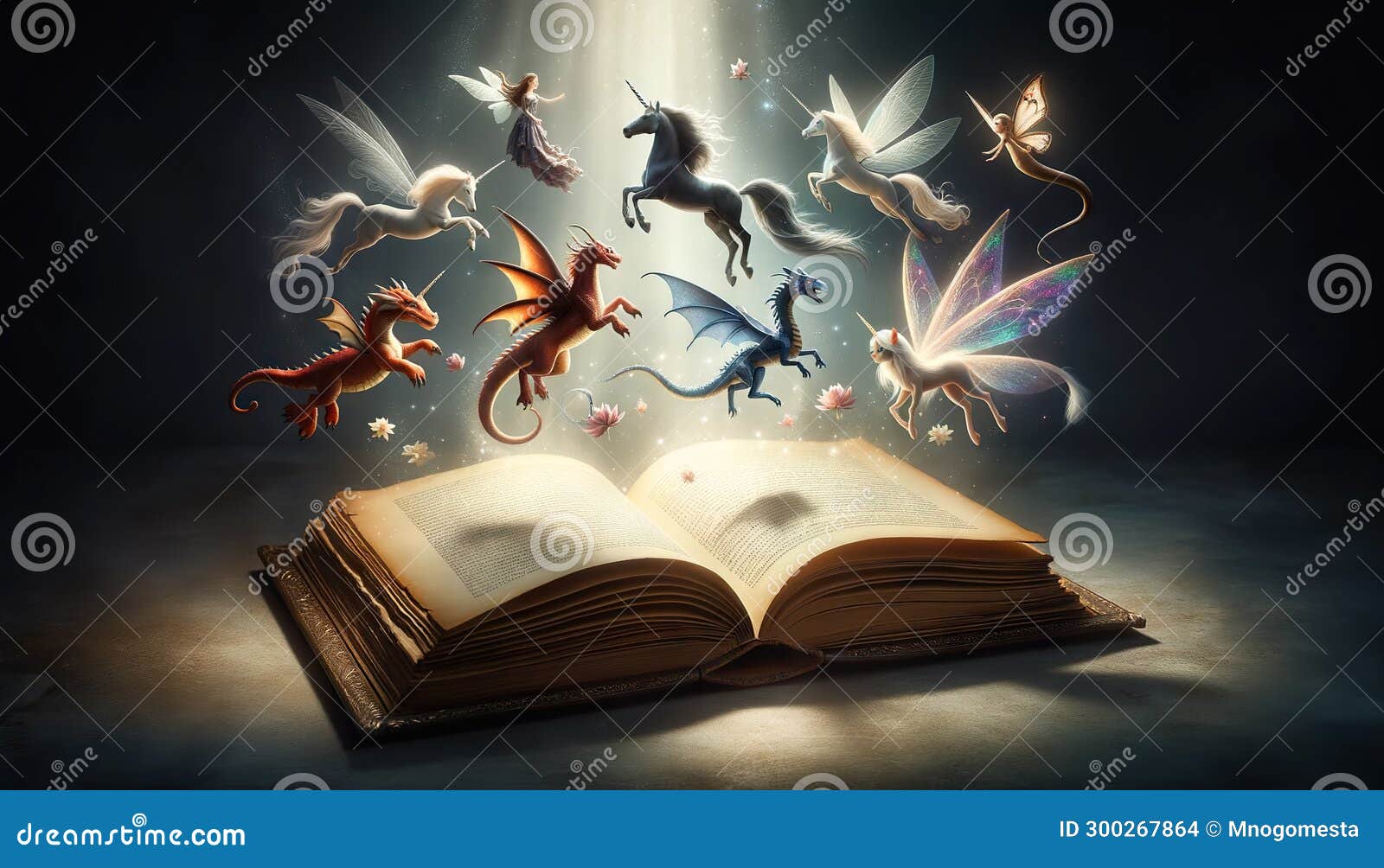 An Open Magic Book from Which Mythical Creatures Soar into the Air ...