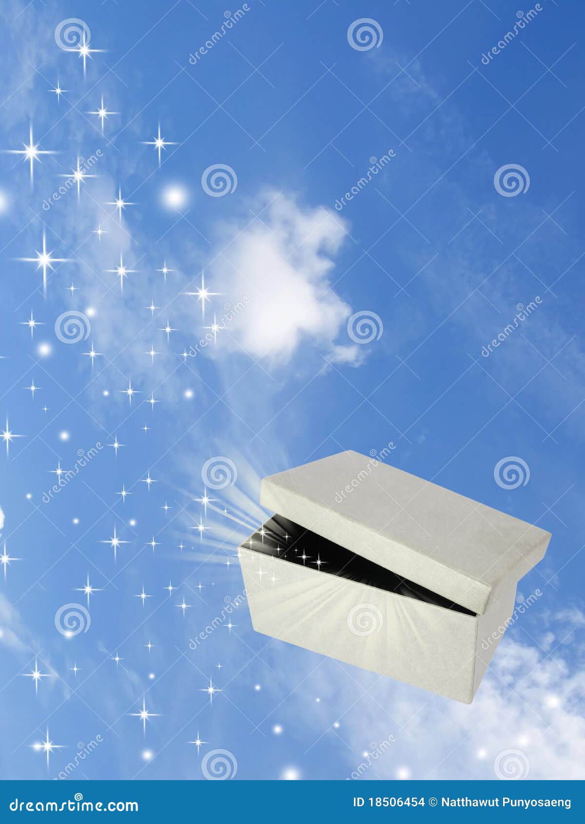 Open magic gift box on sky stock illustration. Illustration of greeting ...