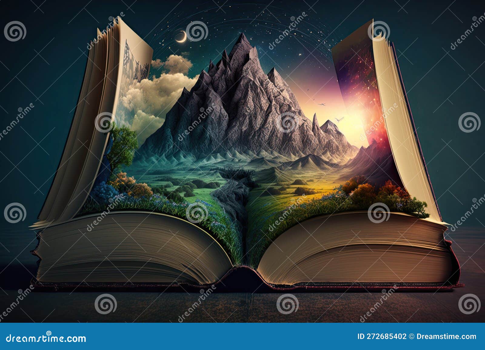 Open Magical Book with Fantasy Landscape Over Pages. Created with ... Open Magical Book with Fantasy Landscape Over Pages. Created with ...