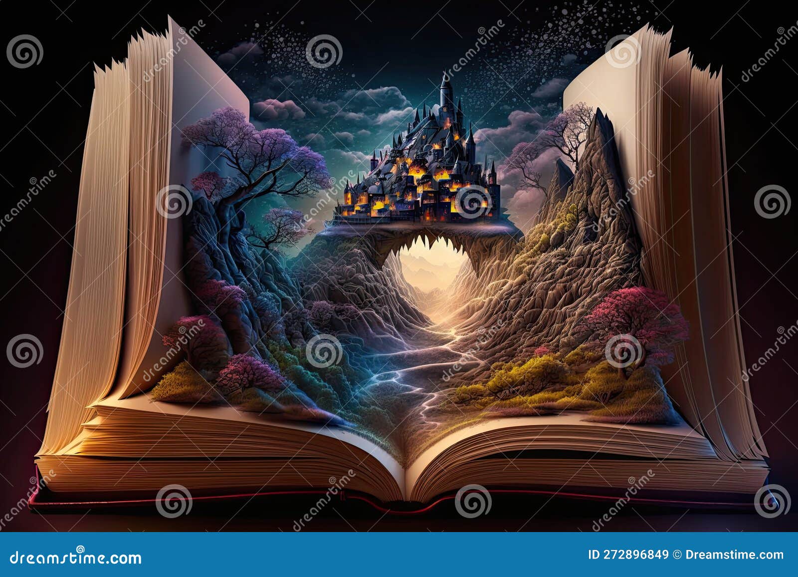 Open Magical Book with Fantasy Landscape Over Pages. Created with ... Open Magical Book with Fantasy Landscape Over Pages. Created with ...