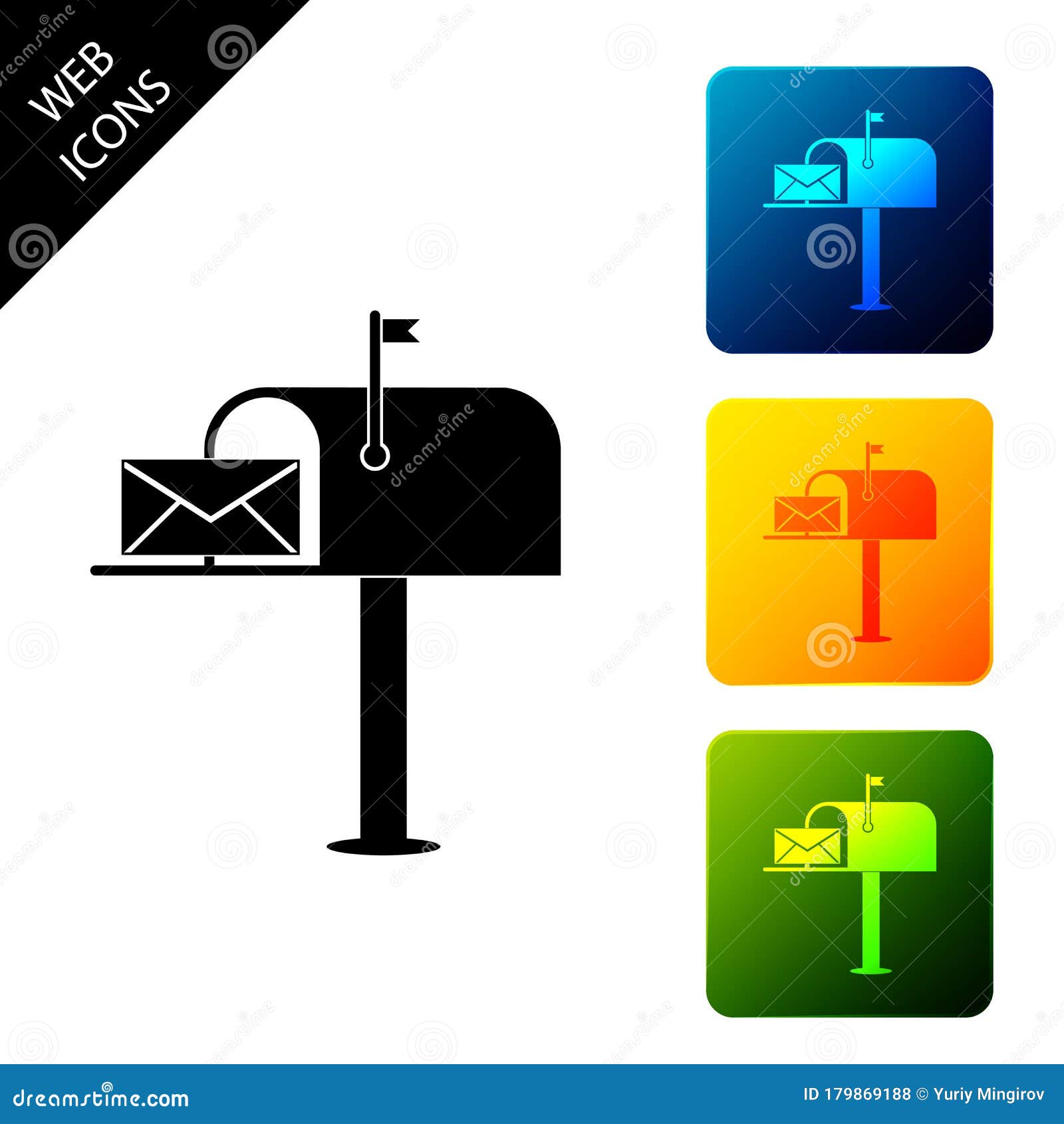 Open Mail Box with an Envelope Icon Isolated. Set Icons Colorful Square ...