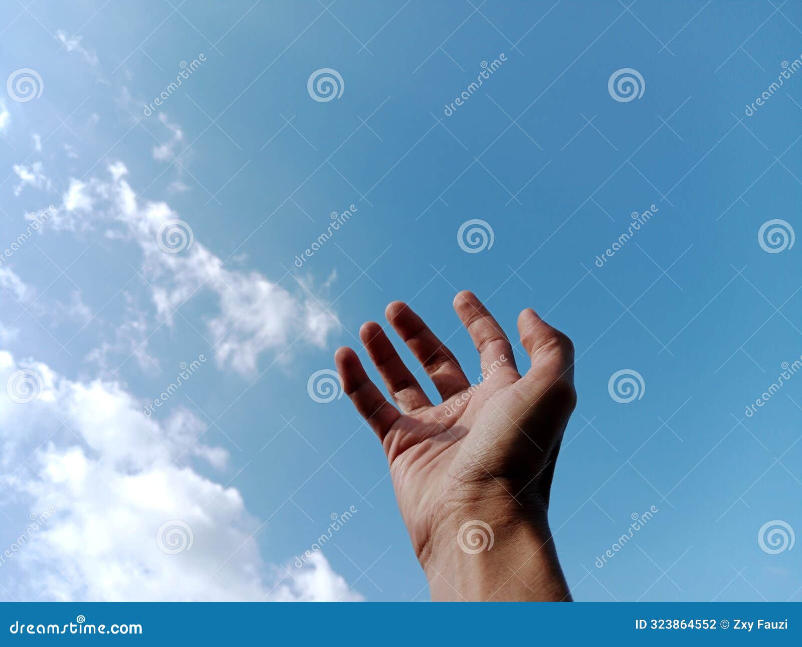 Open Man Hand Isolated on Blue Sky and Clouds Stock Photo - Image of ...