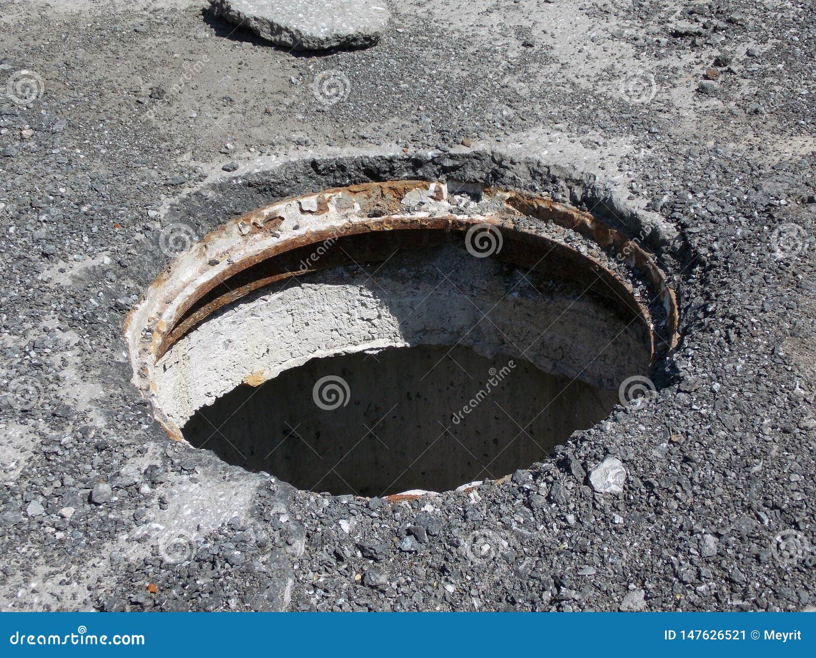Open Manhole on an Old Asphalt Road Stock Image - Image of background ...