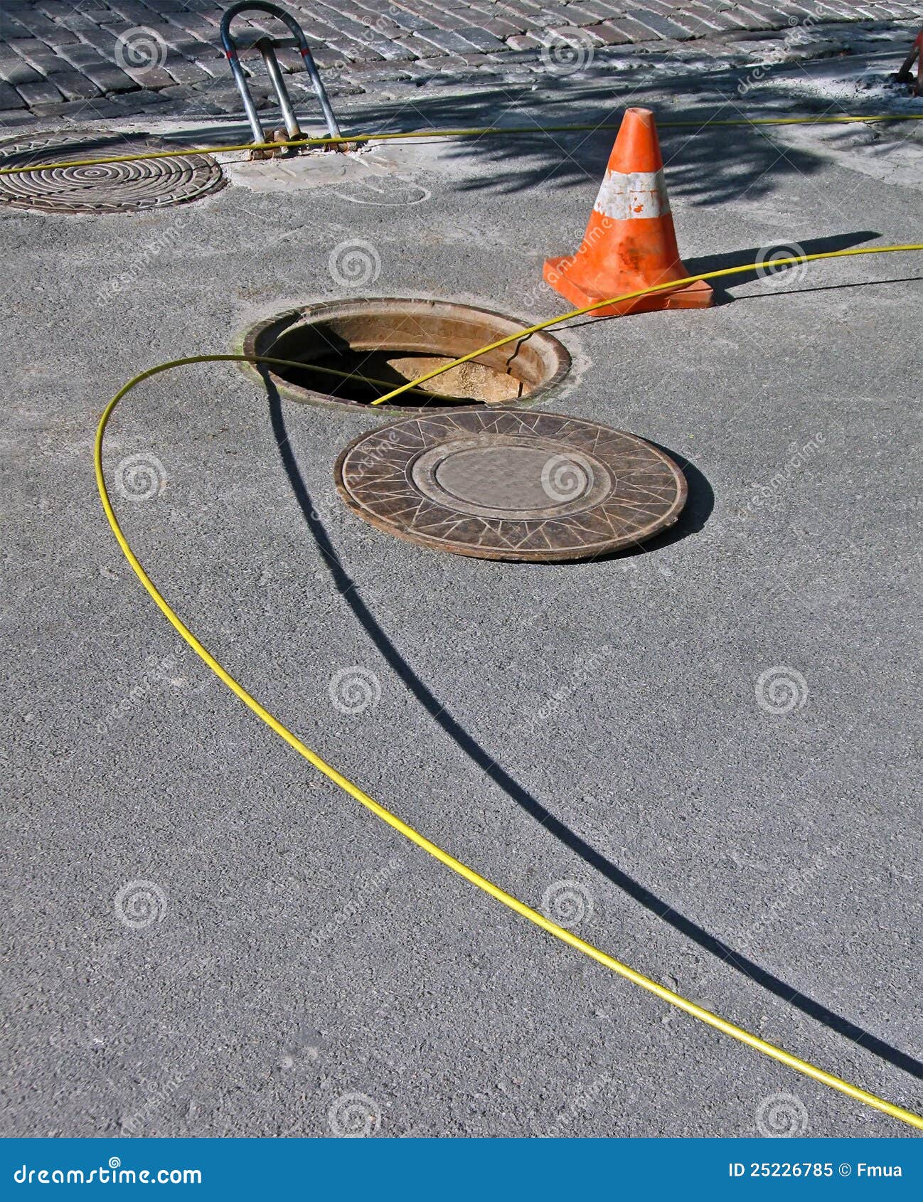 Open Manhole with Yellow Optic Cables, Stock Image - Image of detail ...