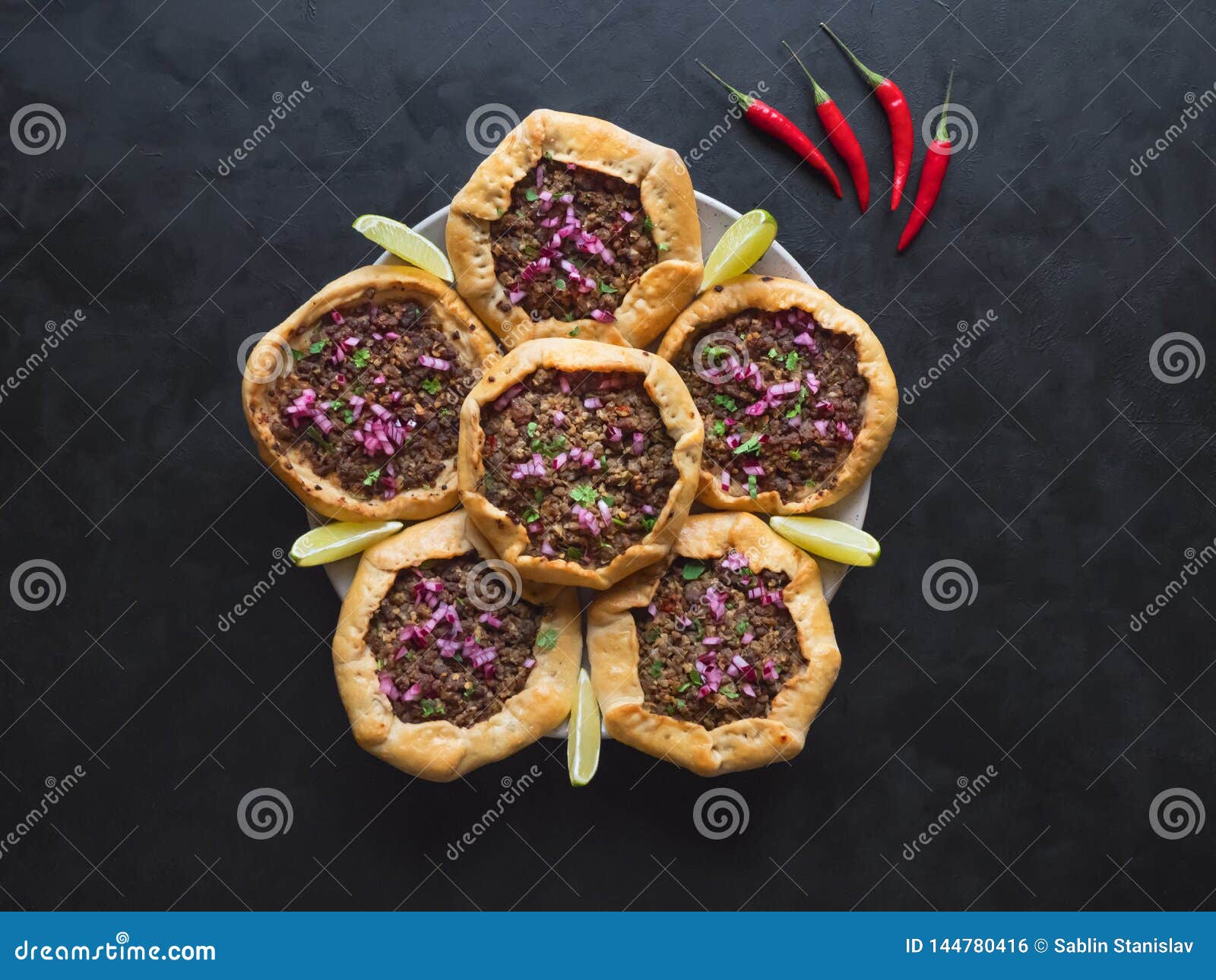 Open Meat Pies on a Black Background. Top View. Stock Photo - Image of ...