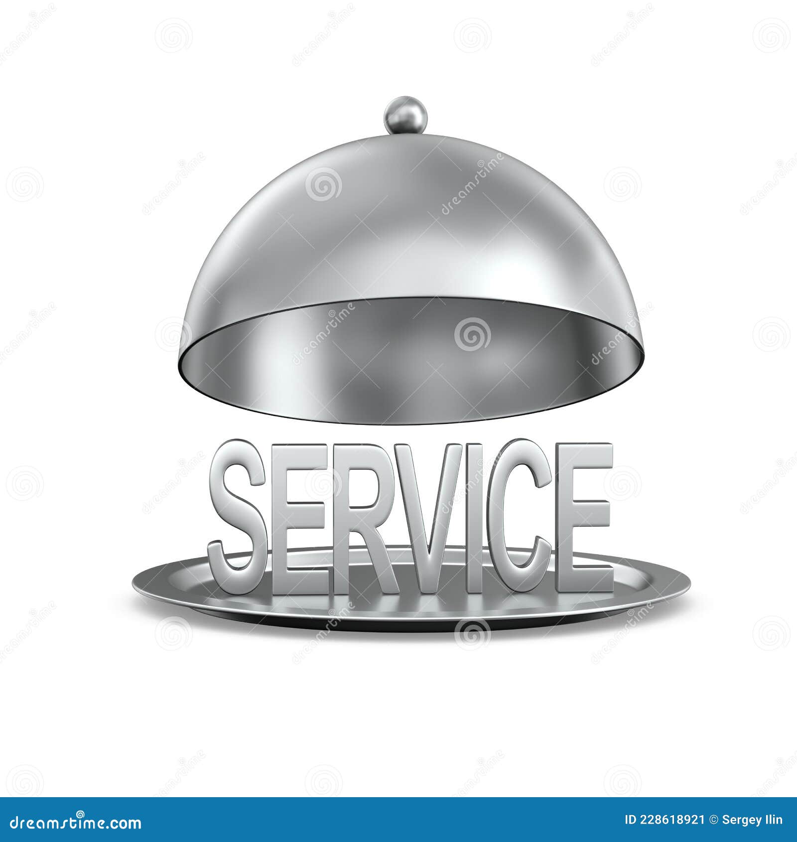 Open Metallic Cloche and Text Service on White Background. Isolated 3d ...