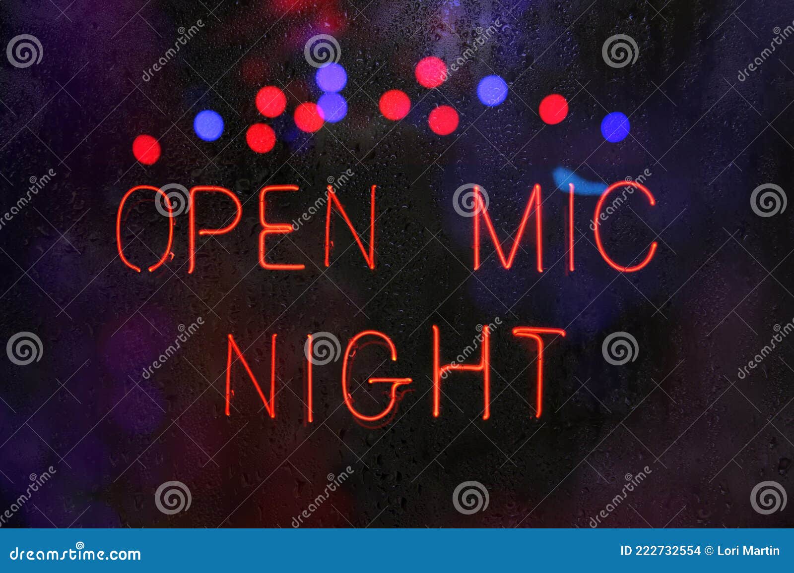 Open Mic Night Sign in Wet Rainy Window Stock Photo - Image of color ...