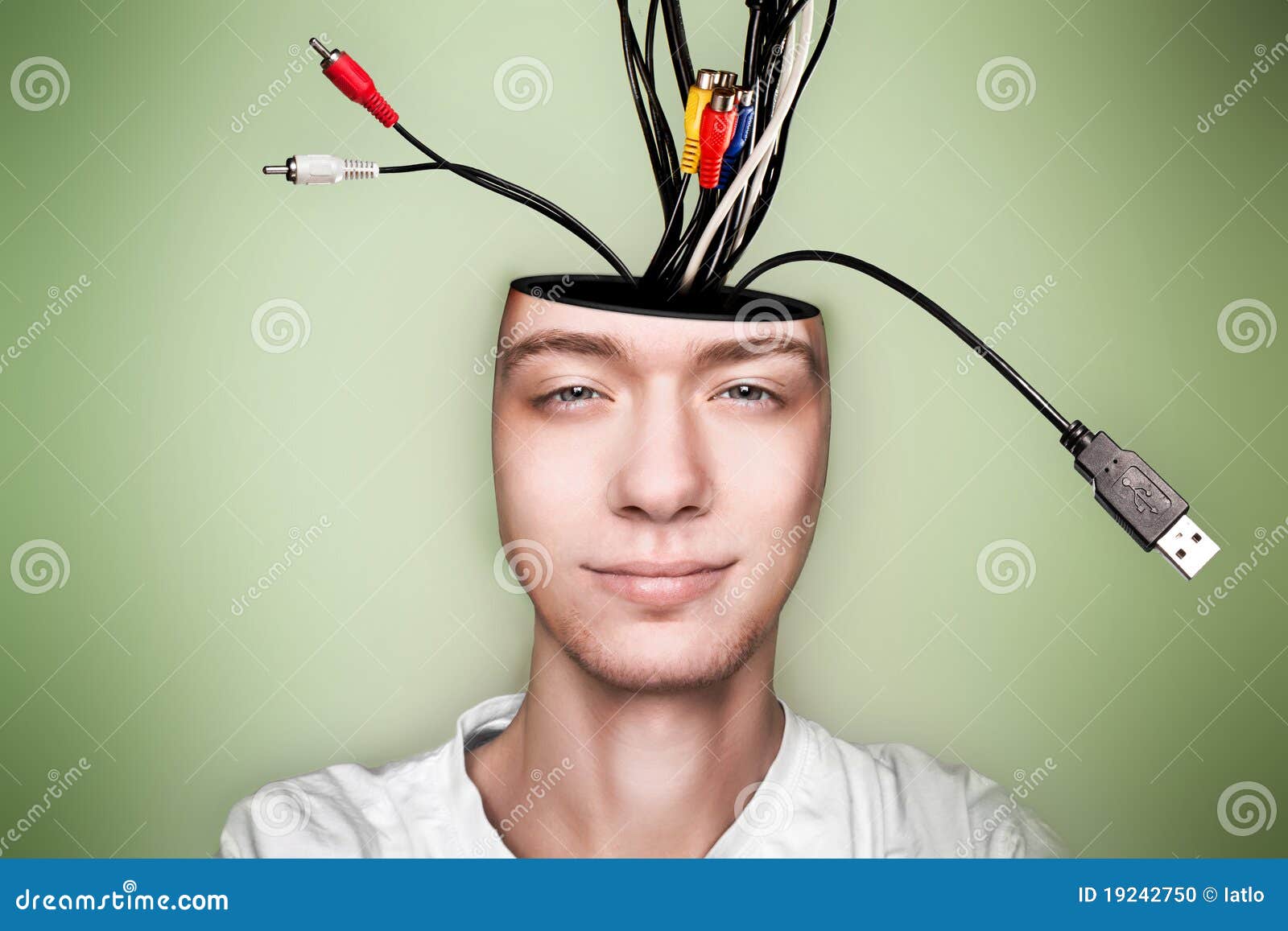 Open Minded Man, with Cables Out Head Stock Photo - Image of cord ...
