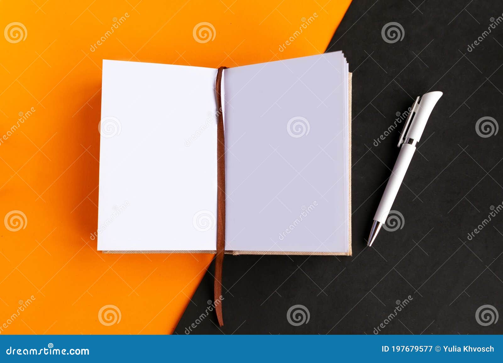 Open Mockup Notepad on Geometric Orange and Black Background Stock ...