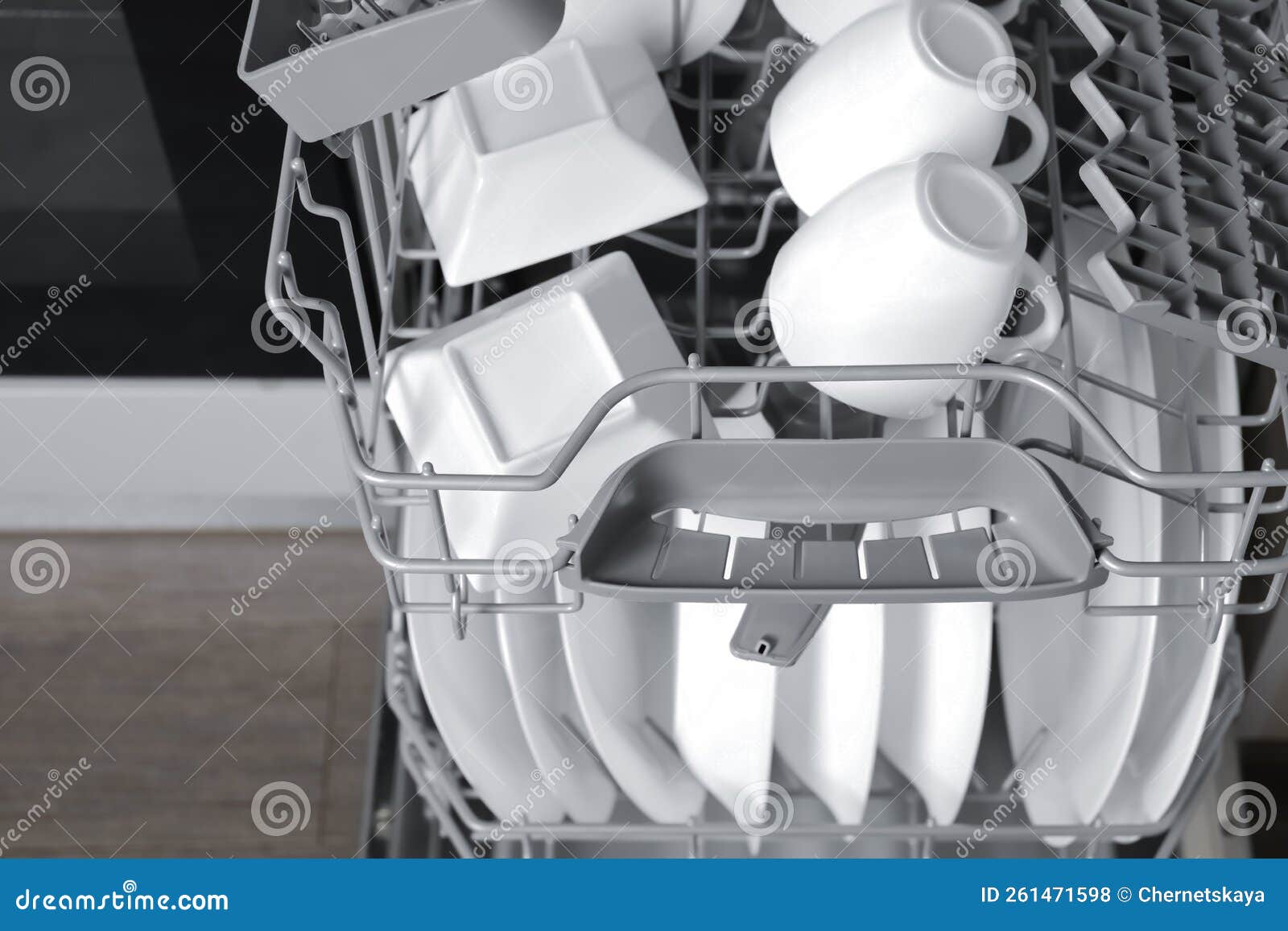 Open Modern Dishwasher with Clean Tableware, Closeup Stock Photo ...