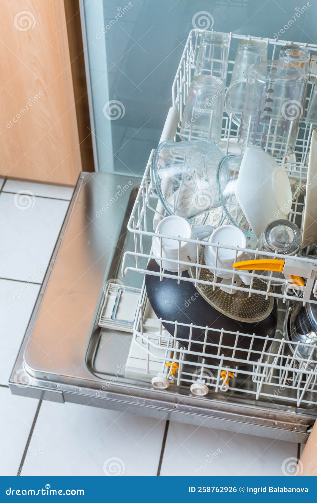 Open Modern Dishwasher with Messy Dishes in the Kitchen Stock Photo ...