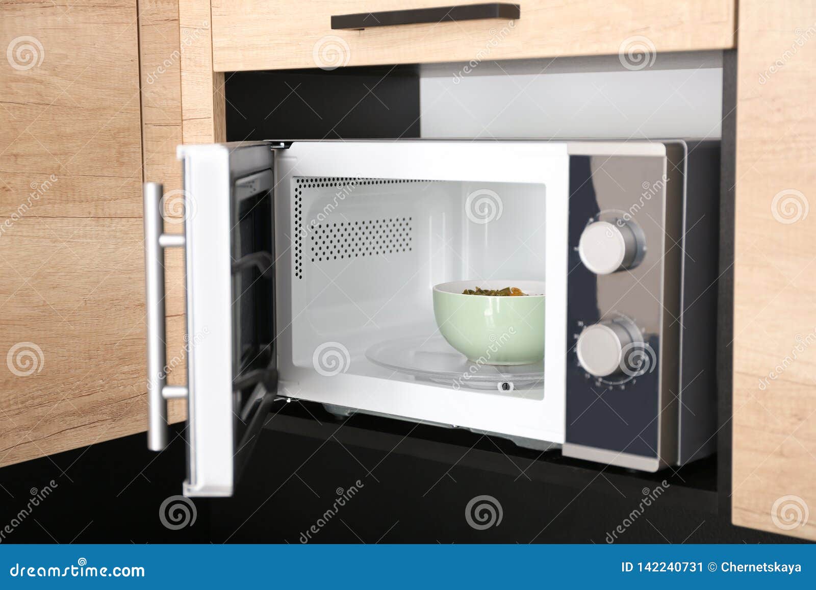 Open Modern Microwave Oven with Dish Stock Image - Image of grey, house ...