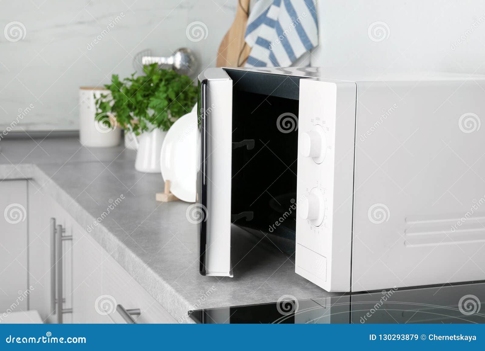 Open Modern Microwave Oven on Table Stock Image - Image of indoors ...