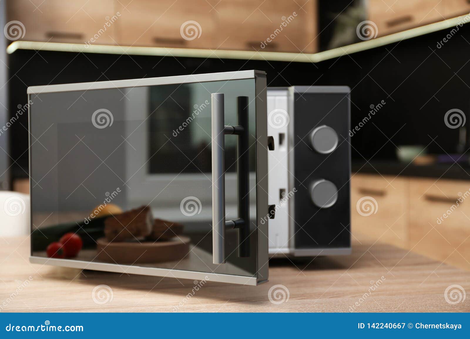 Open Modern Microwave Oven on Table Stock Image - Image of cooking ...