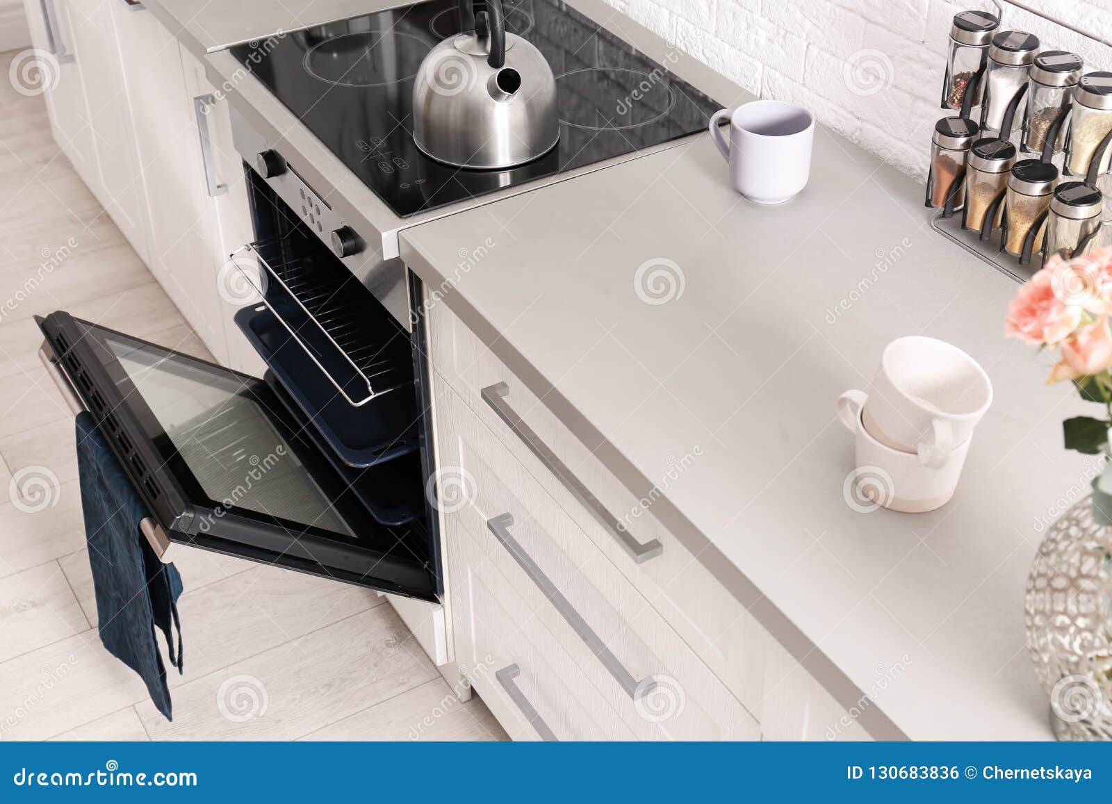 Open modern oven built stock photo. Image of furniture - 130683836