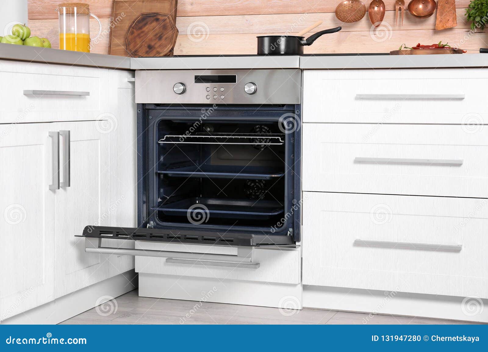 Open modern oven stock photo. Image of appliance, drawer - 131947280