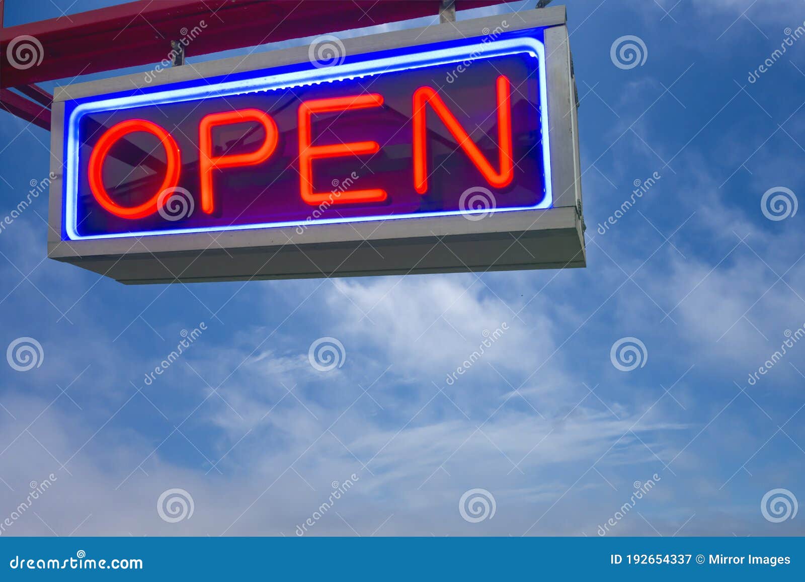 Open Neon Sign Red and Blue on Sky Background Stock Image - Image of ...