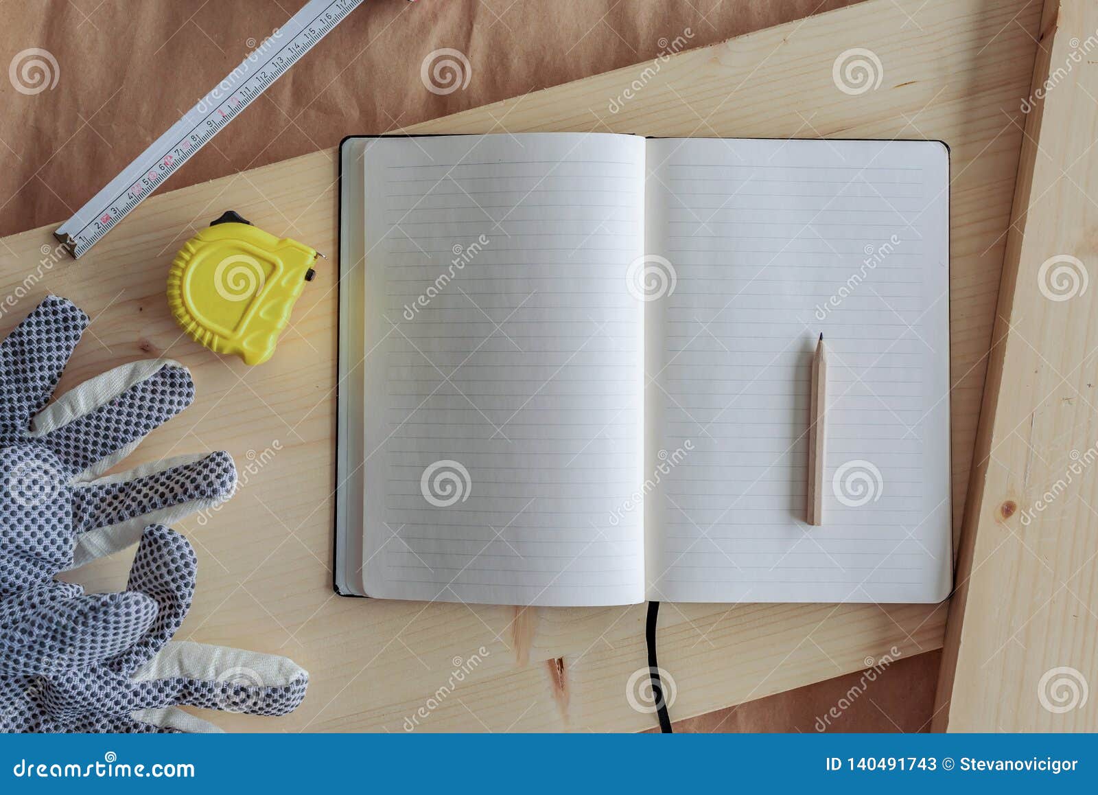 Open Note Book with Blank Pages in Carpentry Workshop Stock Image ...