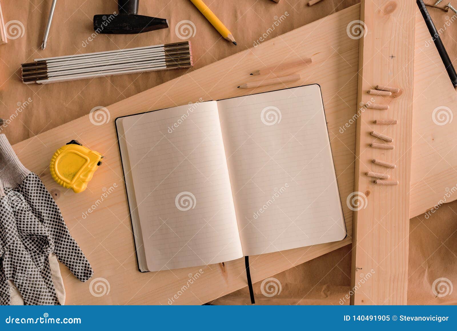 Open Note Book with Blank Pages in Carpentry Workshop Stock Image ...