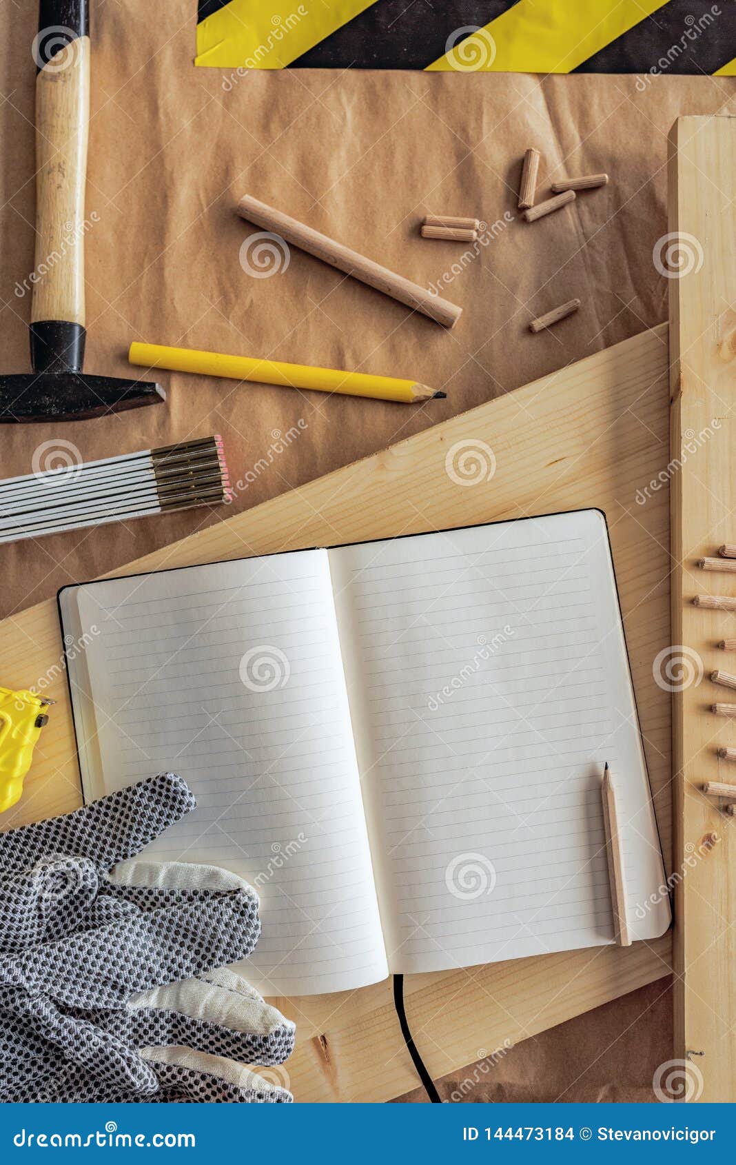 Open Note Book with Blank Pages in Carpentry Workshop Stock Photo ...
