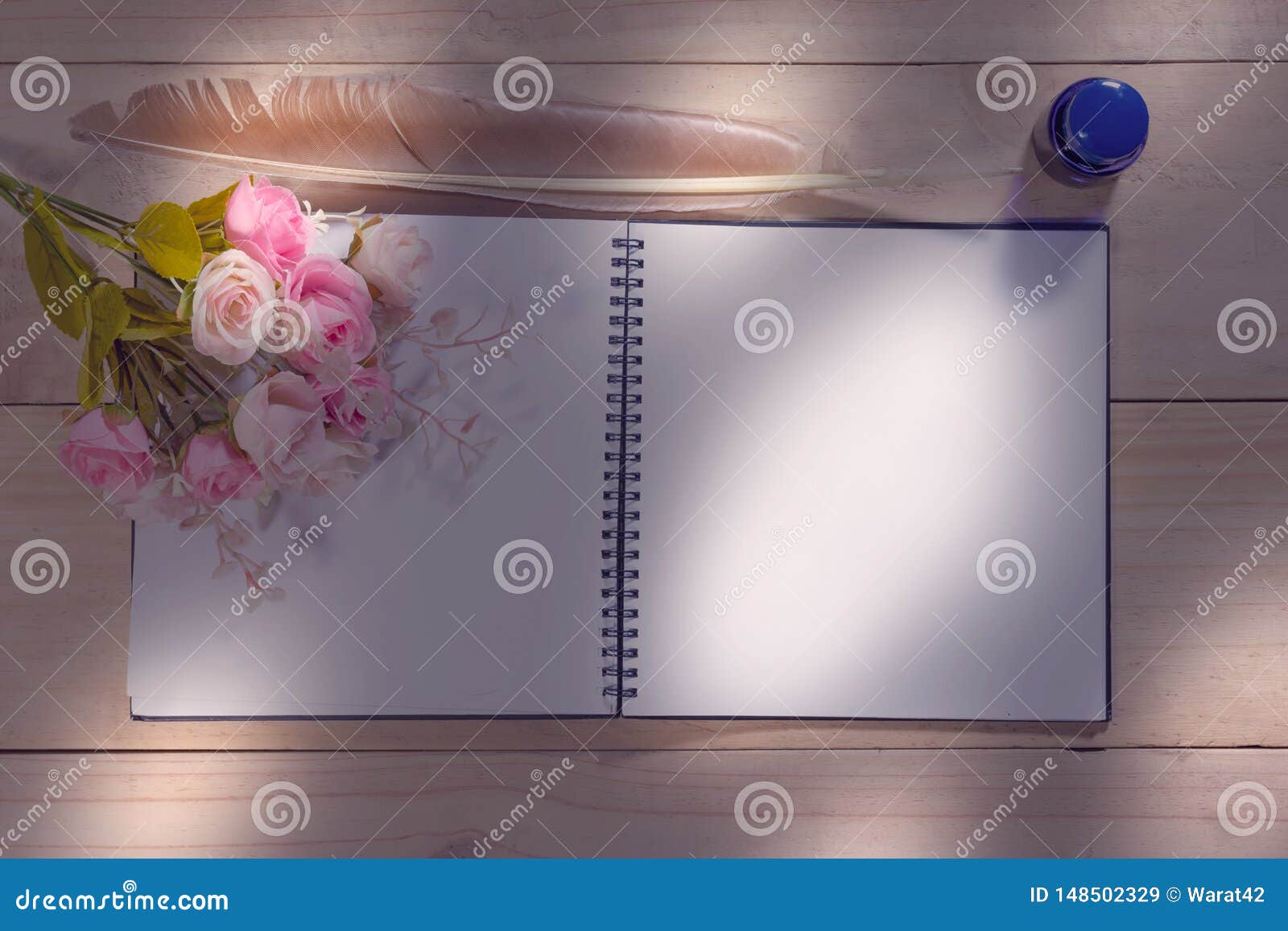 Open Note Book with Feather Pen on the Wood Table Stock Image - Image ...