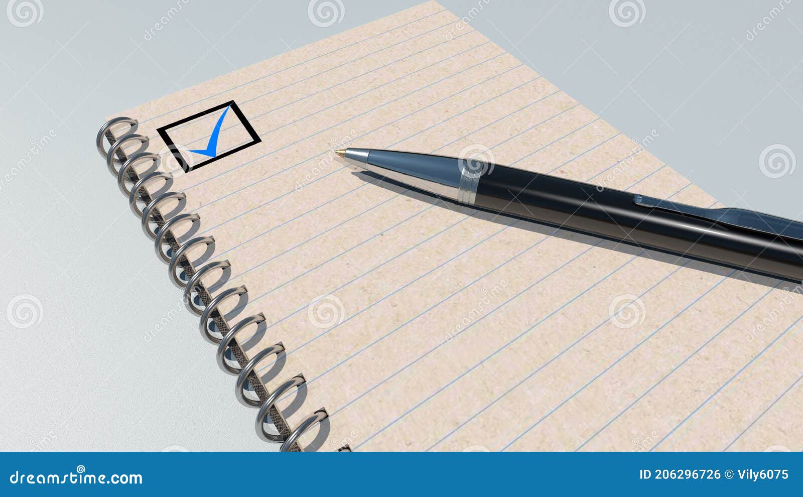 An Open Notebook with a Ballpoint Pen and a Check Mark. 3D Rendering ...