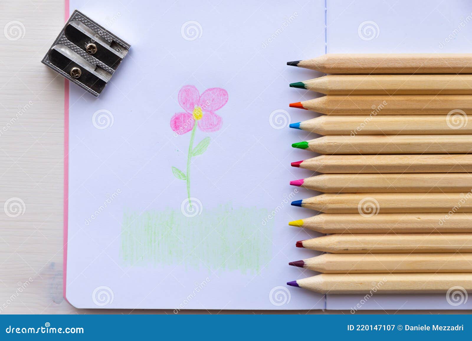 Open Notebook, with Colored Crayons and Drawing Stock Image - Image of ...