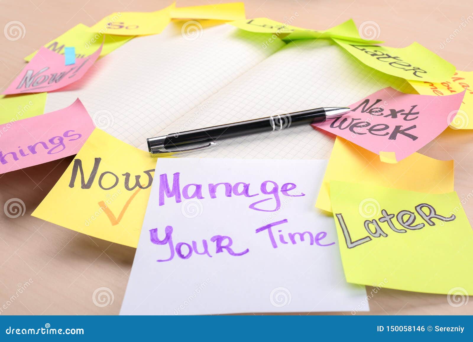 Open Notebook and Colorful Paper Notes on Table, Closeup. Time ...