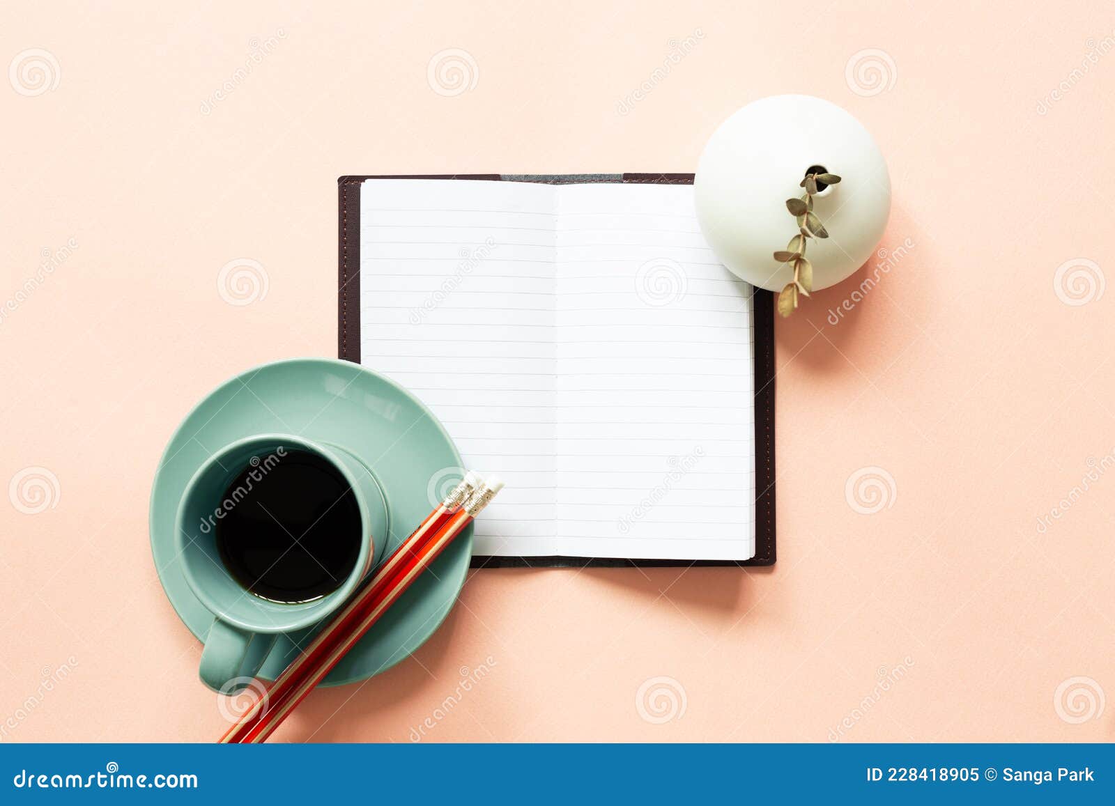 Open Notebook, Cup of Coffee, Pencil, Eucalyptus on Pink Background ...