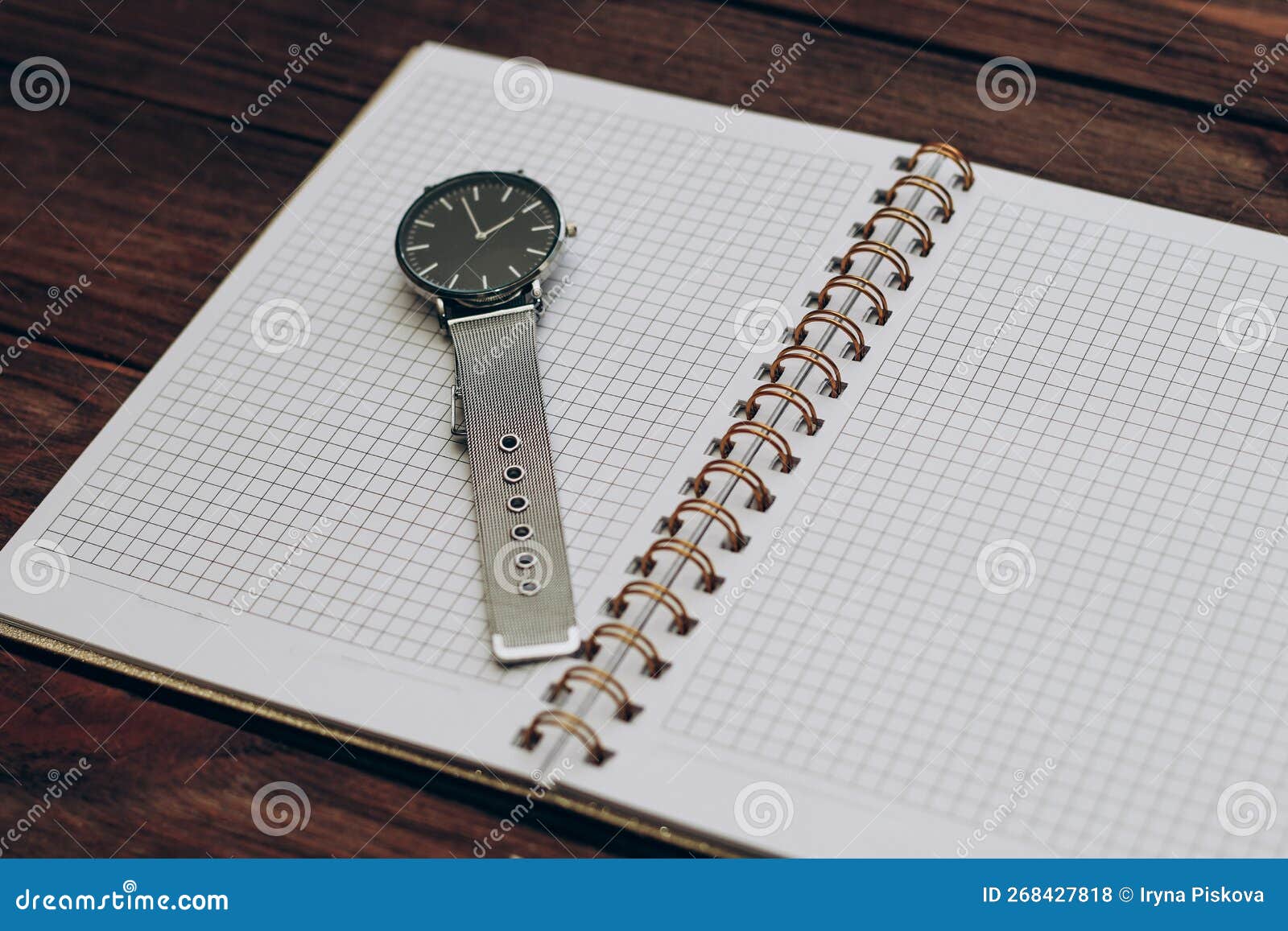 Open Notebook Diary with Clock with Black Dial, Time Management Concept ...