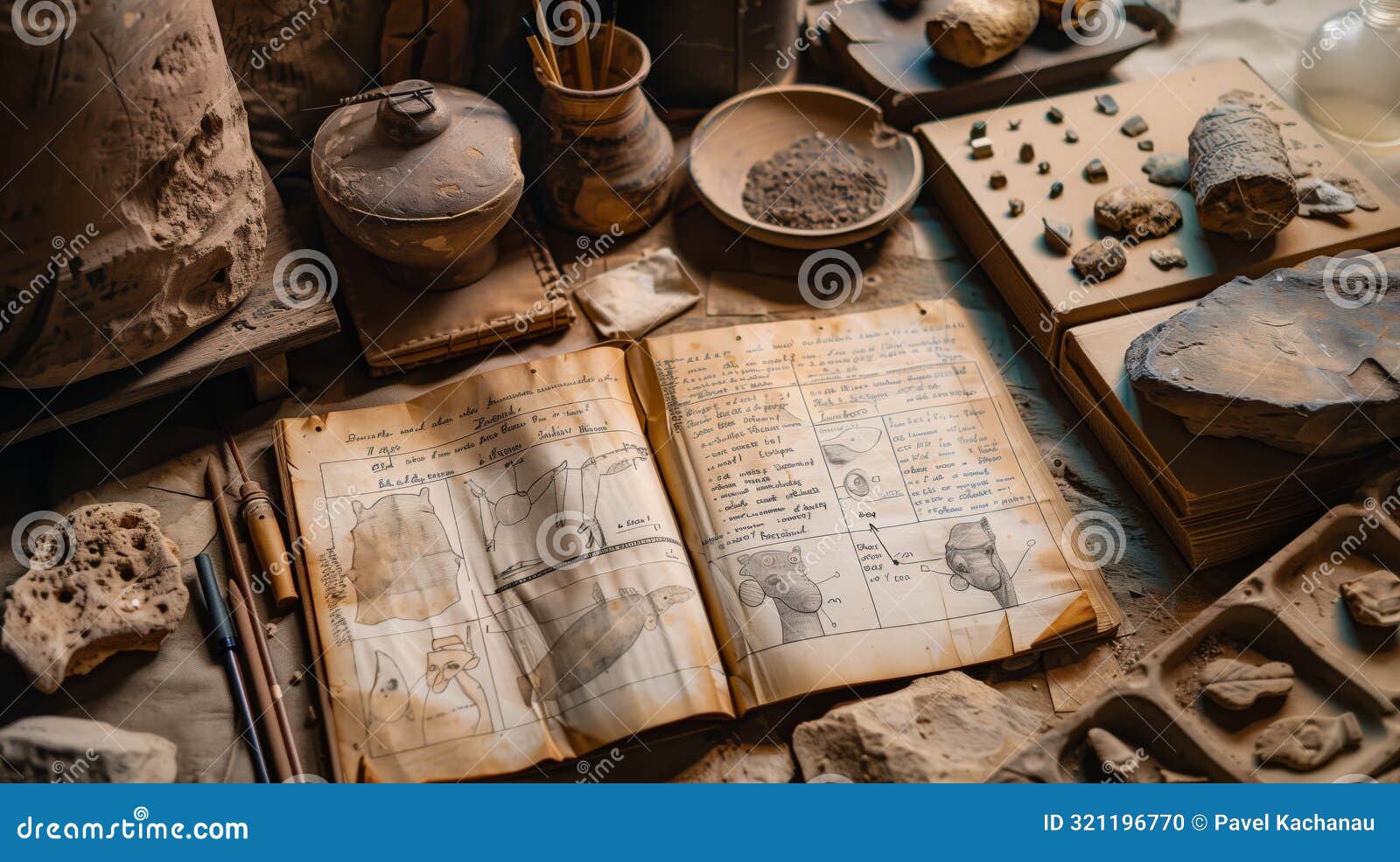 Open Notebook with Drawings and Artifacts on a Work Table Stock Photo ...